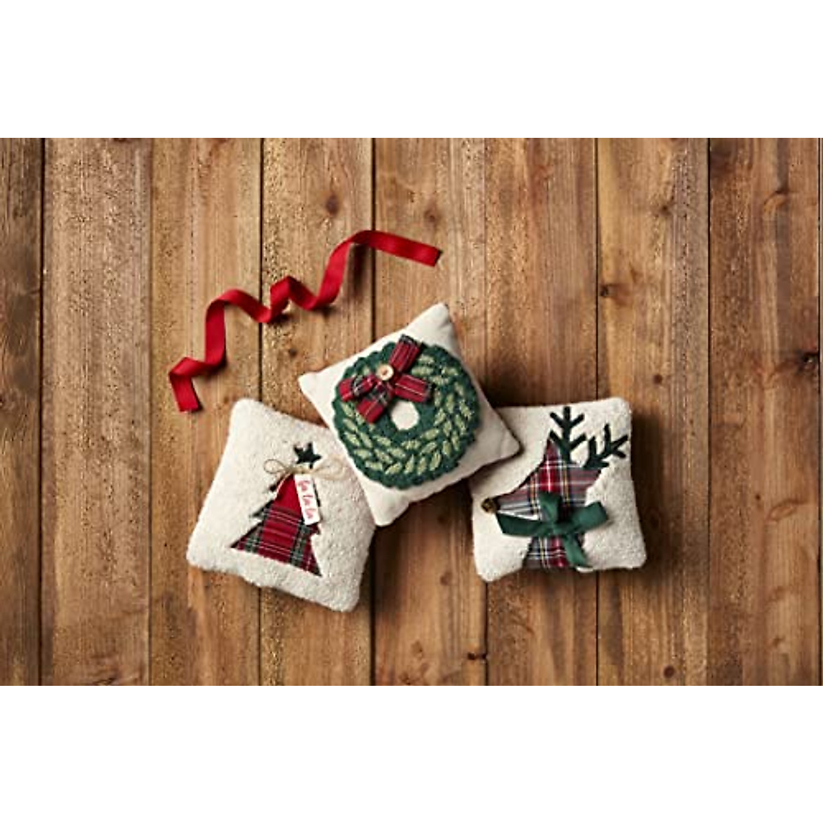 Mud Pie Christmas Mini Hook Wool Pillow, 8" x 8", Tree 103 Count