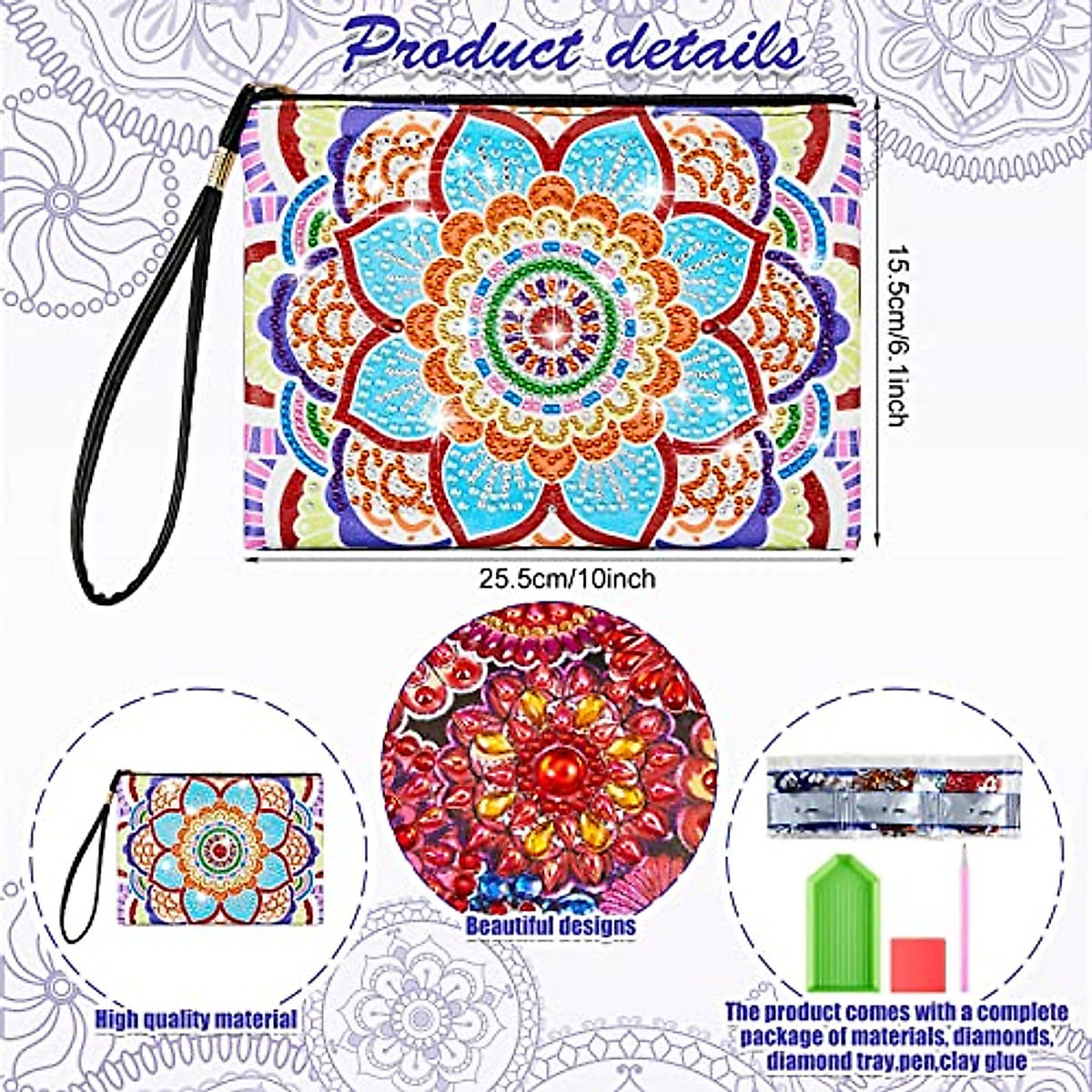2 Pieces Mandala DIY Diamond Painting Purses 5D DIY Diamond Painting Handbag Handmade Diamond Art Wristlet Clutch Bag with Zipper for Women Girls Art Craft Makeup Gift (Elegant)