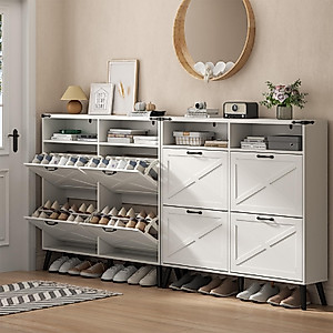 Loomie Shoe Cabinet with 4 Flip Drawers, Farmhouse Shoe Storage Cabinet with 2 Open Cubbies, Freestanding Narrow Hidden Shoe Rack Organizer with Solid Wood Legs for Entryway, Hallway (White)