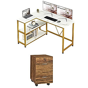 GreenForest L Shaped Desk 47 inch Small Size Corner Desk with Storage Shelf and File Cabinet 2 Drawers Wooden Vertical Filing Cabinet with Lock
