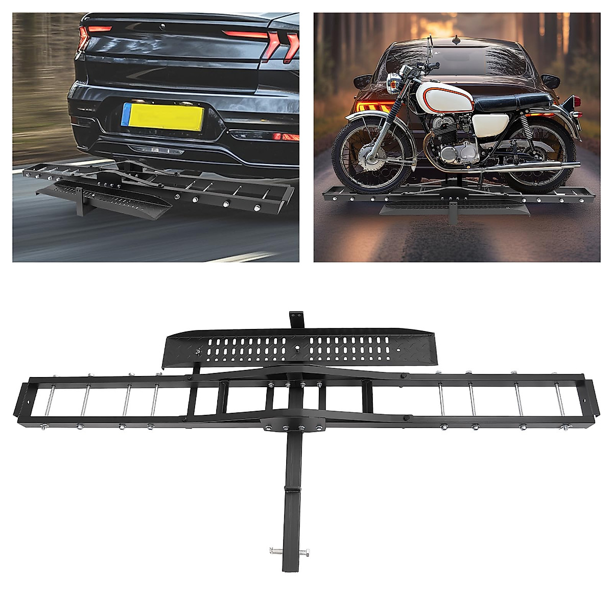7BLACKSMITHS 500LBS Steel Motorcycle Scooter Dirt Bike Carrier Hauler Anti Tilt Hitch Mount Rack Ramp with 2'' Receiver Trailer Hitch Pin Carrier