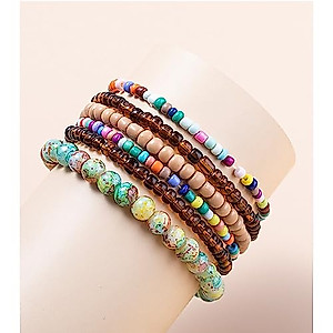 Caiyao Handmade Stackable Colorful Beads 5-6pcs Adjustable Muilty-layered Bracelets Set for Women Boho Multicolor Seed Stretch Wristbands Bohemian Summer Jewelry-2