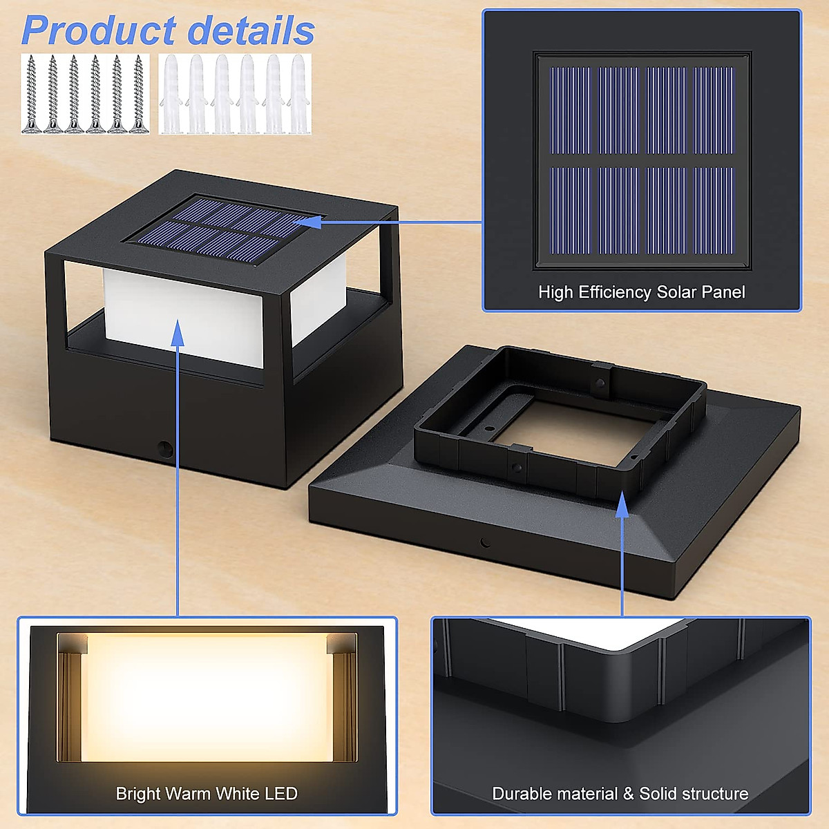8 Pack Solar Post Lights Outdoor Solar Post Cap Lights, 20 Lumen High Brightness Waterproof LED Fence Post Solar Lights with Base for 4x4 5x5 6x6 Wooden Posts,Black