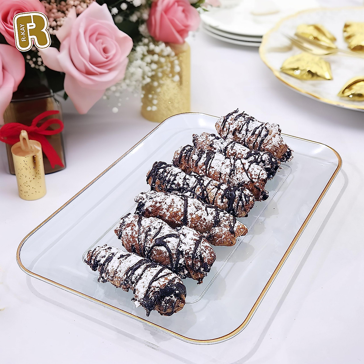 3 Pack Plastic Serving Trays for Party - Gold Serving Tray 8 by 11 Inch - Heavy Duty Dessert Trays for Food - Rectangular Party Serving Trays for Entertaining - Premium Party Trays - Clear Platters