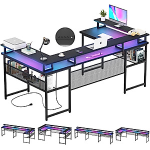 Unikito U Shaped Computer Desks, Reversible Office Desk with LED Strip and Power Outlets, L Shaped Table with Full Monitor Stand and Storage Shelves, 83 Inch Large U- Shape Gaming Desk, Black
