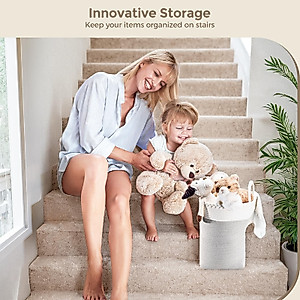 Puricon Stair Basket, Cotton Rope Staircase Basket for Carpeted and Wooden Stairs, Foldable Stair Step Storage Basket Collapsible Stair Organizer with Handle -Greywhite