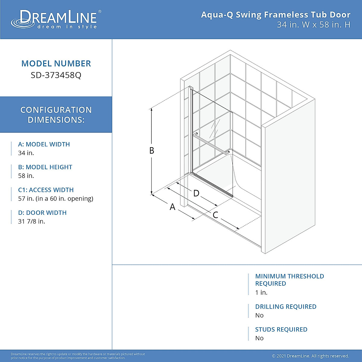 DreamLine Aqua-Q Swing 34 in. W x 58 in. H Frameless Tub Door in Chrome