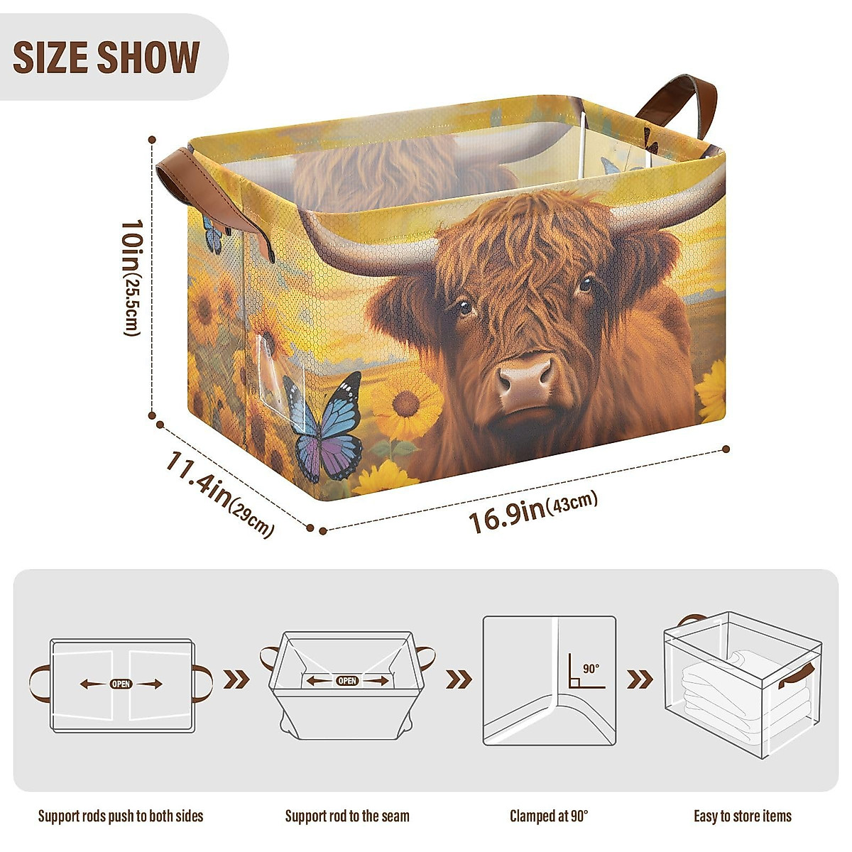 PDZRMY Open Storage Bin Blue Butterfly Highland Cow Large Foldable Storage Box Storage Basket Organizer Bins with Leather Handles for Shelf Closet Bedroom Living Room Office Home 1 Pack