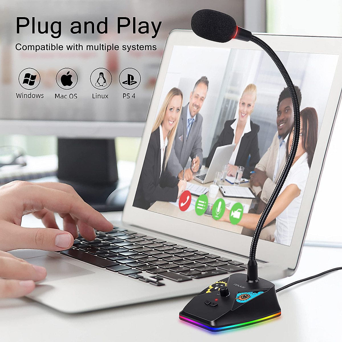 FDUCE USB Computer Microphone, PC Goose-Neck Mic Microphone for Computer with Mute Button and RGB Rainbow Light for Zoom, Skype, YouTube, Facebook, Recording, Meeting, Podcast, Games