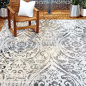 Home Dynamix Nicole Miller Patio Sofia Juniper Indoor/Outdoor Area Rug 7'9"x10'2", 4151-123, Distressed Damask Ivory/Gray Juniper