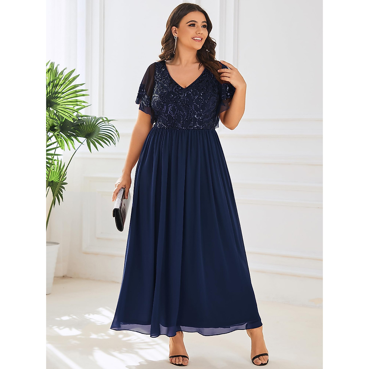 Ever-Pretty Plus Womens Plus Size Backless Ruffles Sleeves Sequin Appliques Maxi Chiffon Formal Evening Dress Navy Blue US26