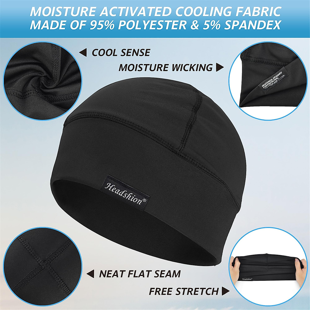 Headshion Cooling Skull Caps for Men Women,2-Pack Lightweight Beanie Helmet Liner (Large,Black)