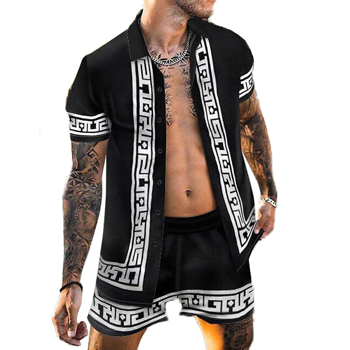 Nuofengkudu Men's Hawaiian Sets Short Sleeve Luxury Print Casual Button Down Dress Shirt Top and Shorts Black L