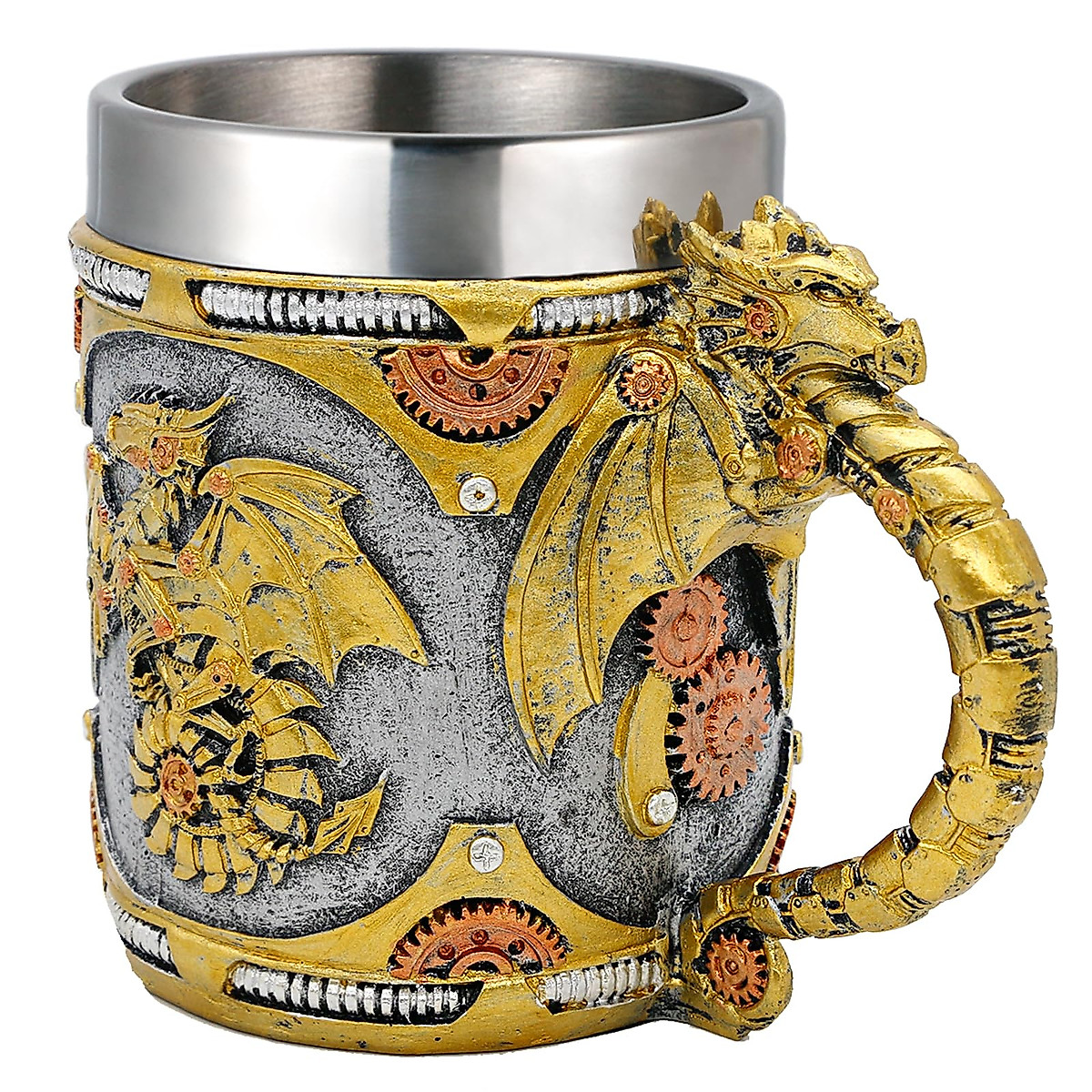 alikiki Medieval Steampunk Dragon Mug - 15.8oz Renaissance Mechanical Dragons Beer Stein Tankard Stainless Coffee Cup Father Day Gift Mug for Dragon Collector Lovers Themed Party Decoration