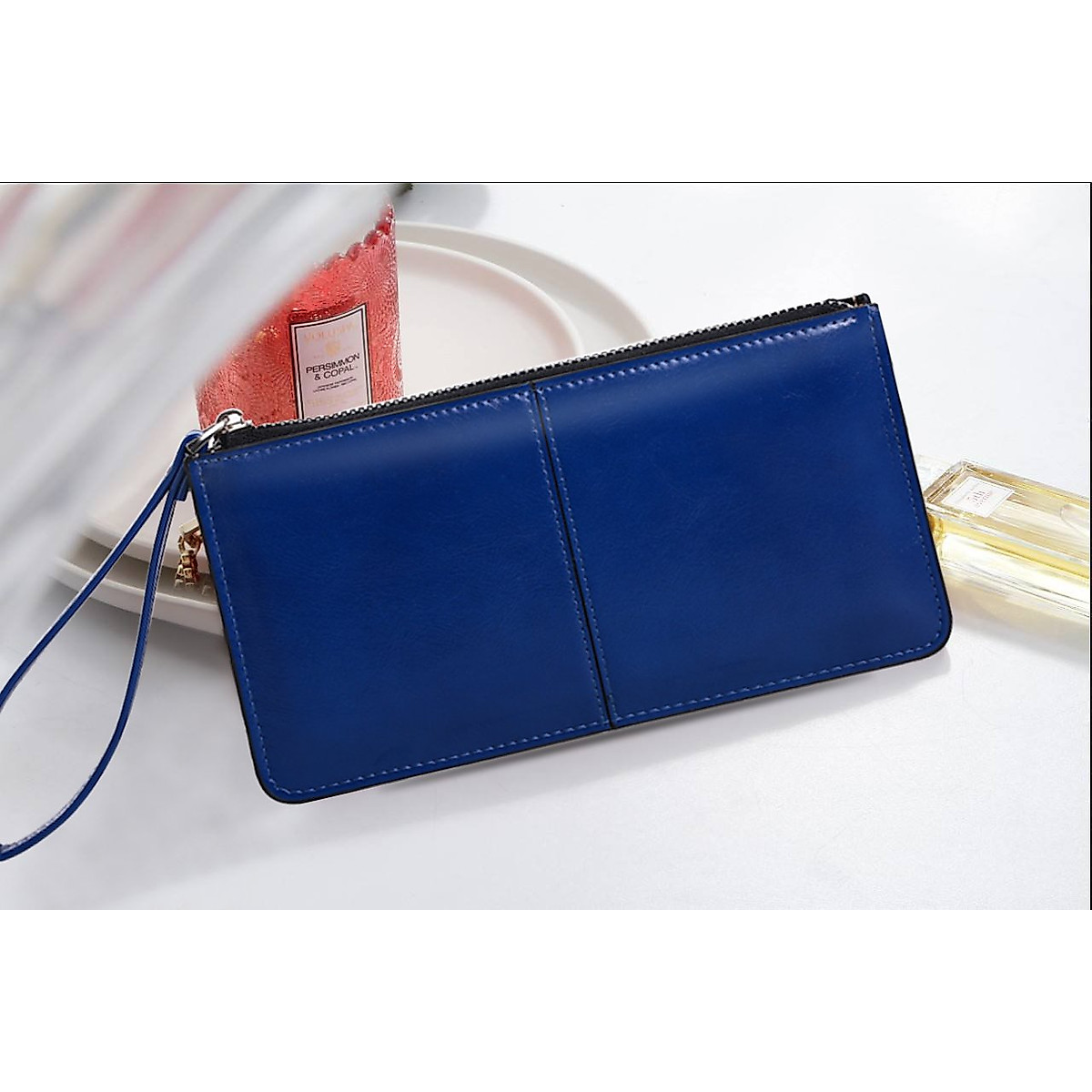 Bonaweite Women's Wristlet Clutches Leather Wallet Purse Cards Holder Navy Blue