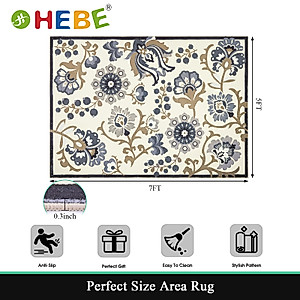 HEBE Floral Area Rug 5'x7’ Large Living Room Rug Boho Rugs for Bedroom Non Slip Washable Dining Room Mat Soft Throw Rug Indoor Floor Carpet for Nursery Kids Room Entryway