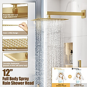 ESNBIA Shower System, Bathroom 12 Inches Rain Shower Head with Handheld Combo Set, Wall Mounted High Pressure Rainfall Dual Shower Head System, Shower Faucet Set with Valve and trim, Brushed Gold