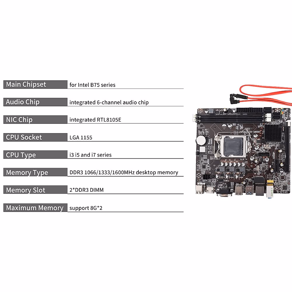 Desktop PC Motherboard,DDR3 Motherboard for Intel B75,LGA 1155,DDR3 1066/1333/1600/1866MHz,6 Channel Audio,PCI E X16 /USB 3.0/SATA 3.0/RJ45//VGA Interface,Support I3 I5 I7 CPU