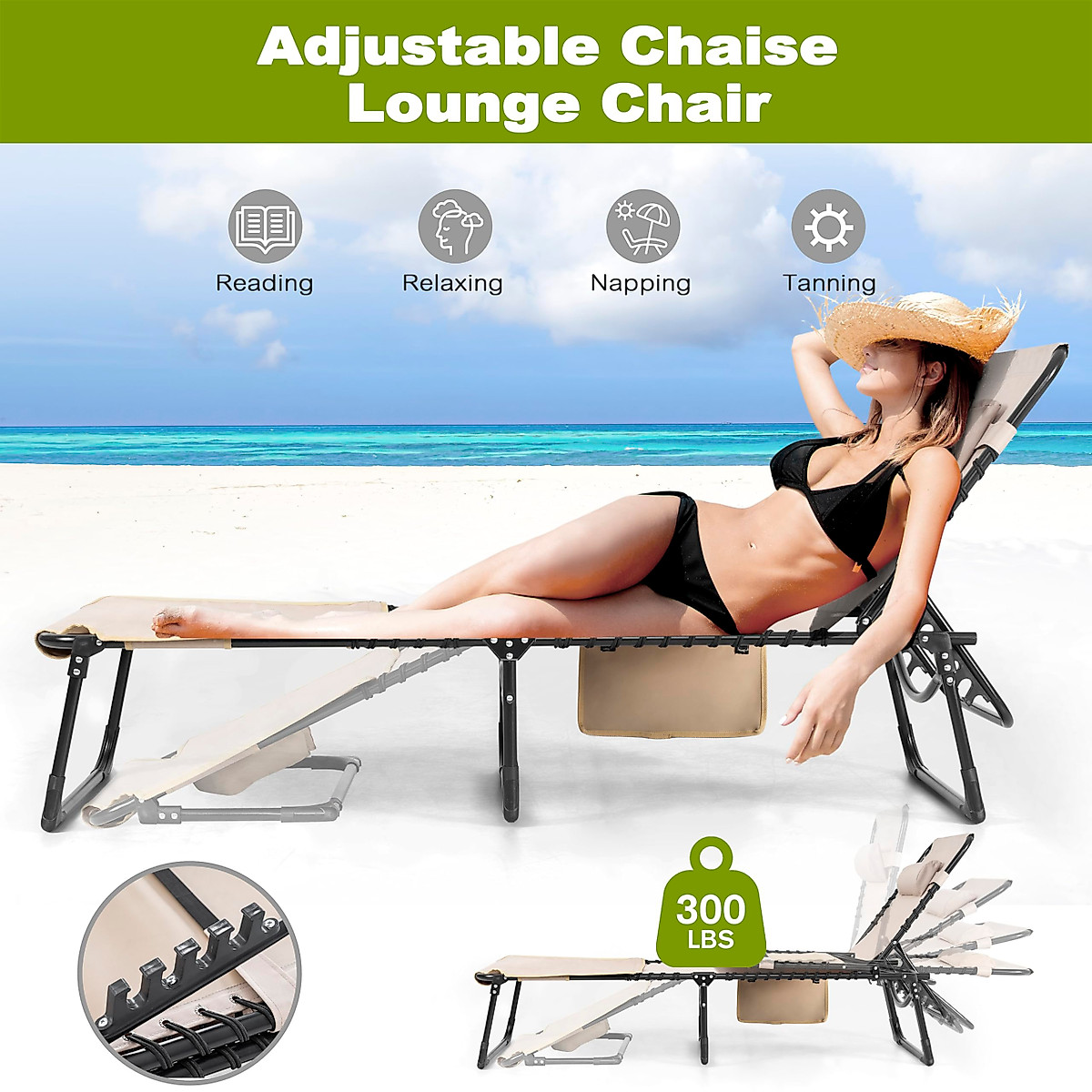 NUU GARDEN Folding Oxford Chaise Lounge Chair, Patio Tanning Chair with Face Hole Adjustable 5-Position Folding Chaise Lounge Chairs, Reclining Lounge Chair with Pillow for Beach, Patio, Pool, Khaki
