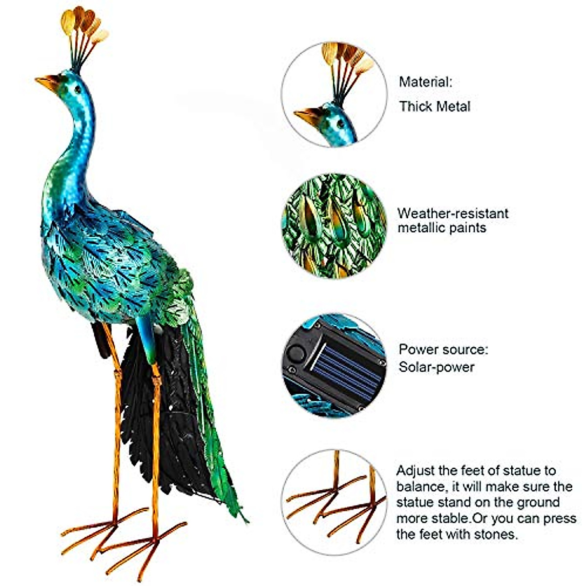 chisheen Outdoor Solar Peacock Statue Garden Decor Metal Yard Art for Lawn Backyard Party Wedding Decoration