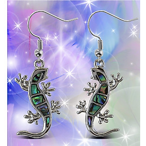 Aqua79 Gecko Earrings Jewelry - Authentic Dangle Hook Earrings Made with Natural Paua Abalone Shell - Unique Colorful Jewel For Women & Teens For Daily, Casual & Formal Occasions