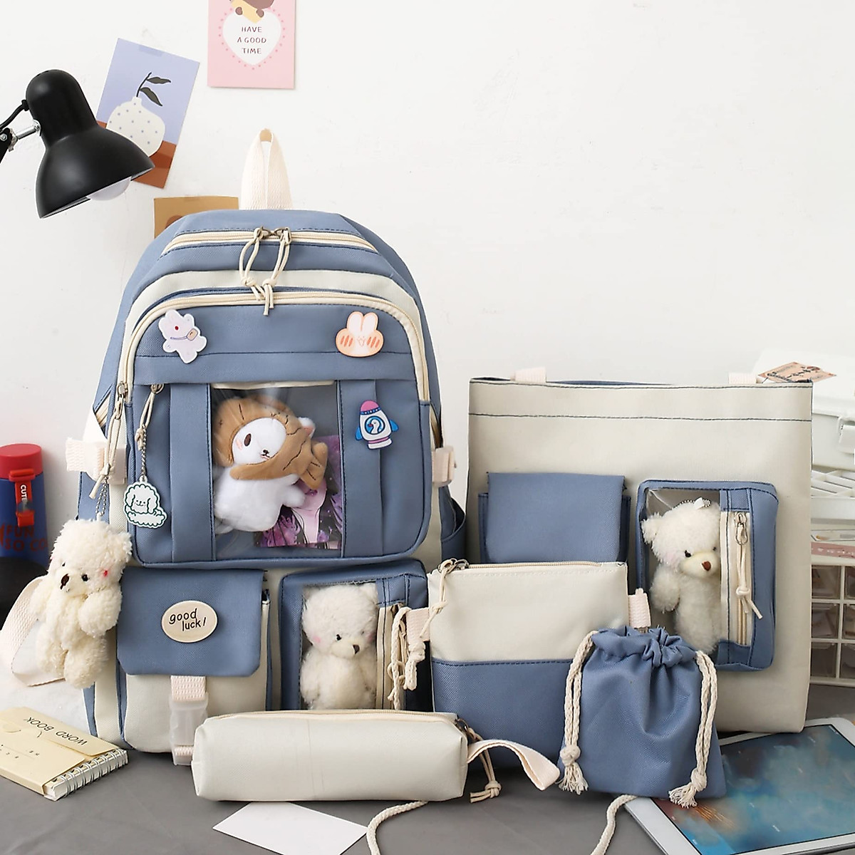 LIK EPOCH Kawaii Backpack 5Pcs Set Aesthetic Backpack 17in Preppy Backpacks with Badge&Pendant,Shoulder Bag,Pencil Box,Tote Bag,Lucky Bag(Blue)