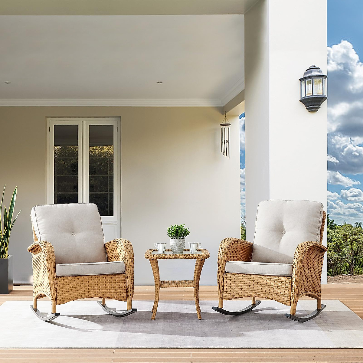 HUMMUH Patio Wicker Rocking Chairs Set of 2 Rattan Outdoor Rocking Chairs for Front Porch Garden Backyard Lawn Balcony Weather Rocker Chair with Side Table