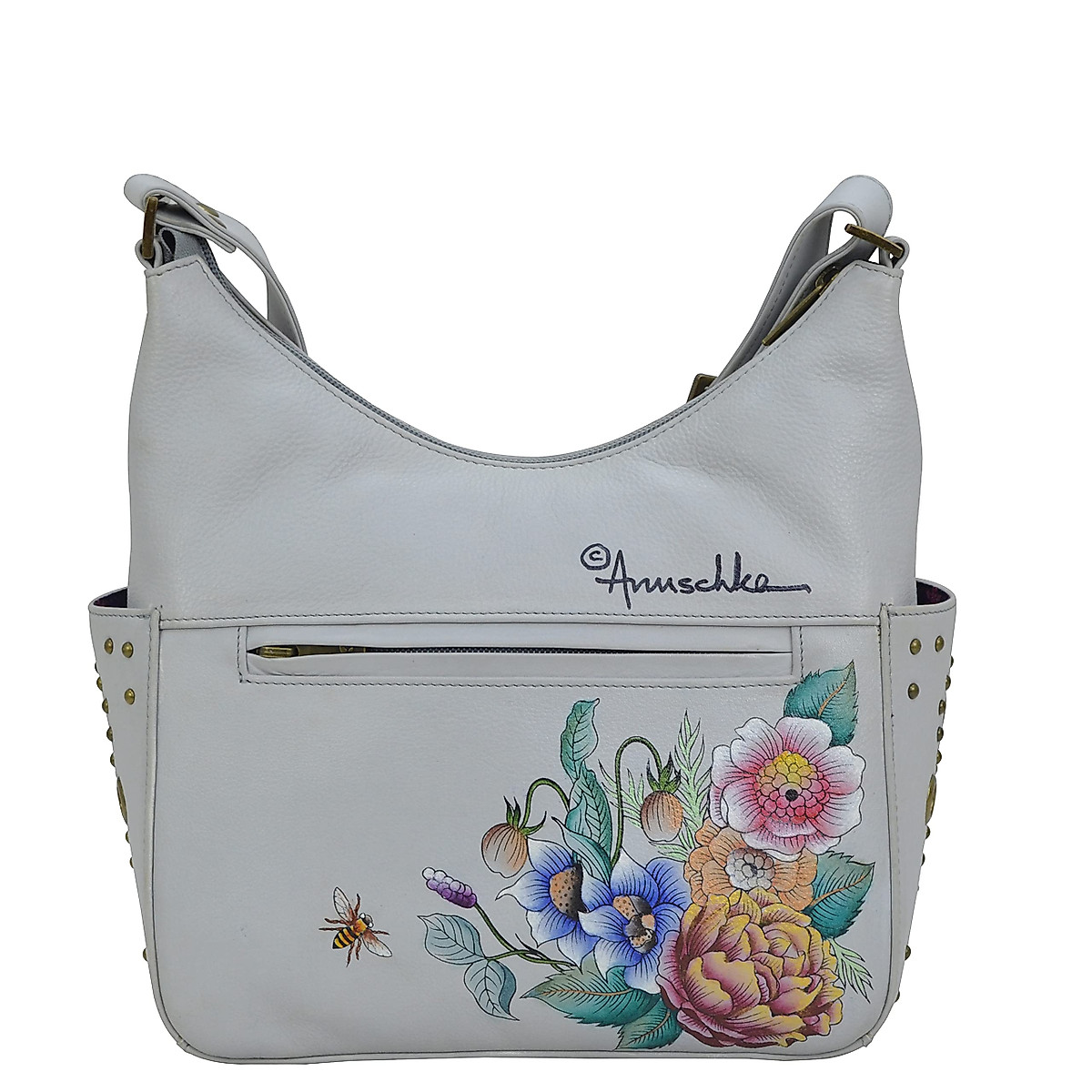 Anuschka Hand Painted Women’s Genuine Leather Classic Hobo With Studded Side Pockets - Floral Charm