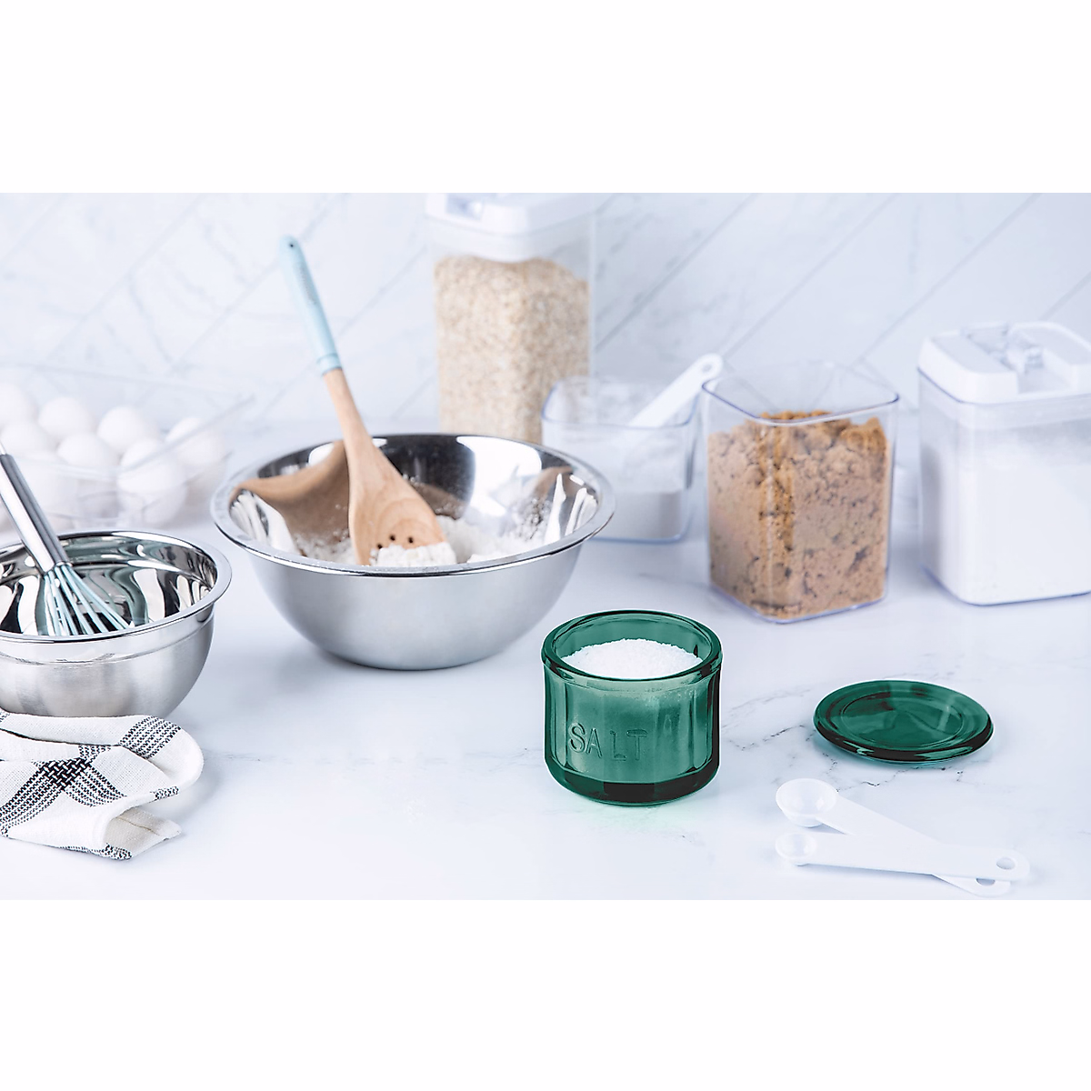 KooK Glass Salt Cellar, with Lid, Embossed Pressed Glass, Clear Storage Container, for Coffee, Sugar, Spices and Candies, 10 oz (Emerald Green)