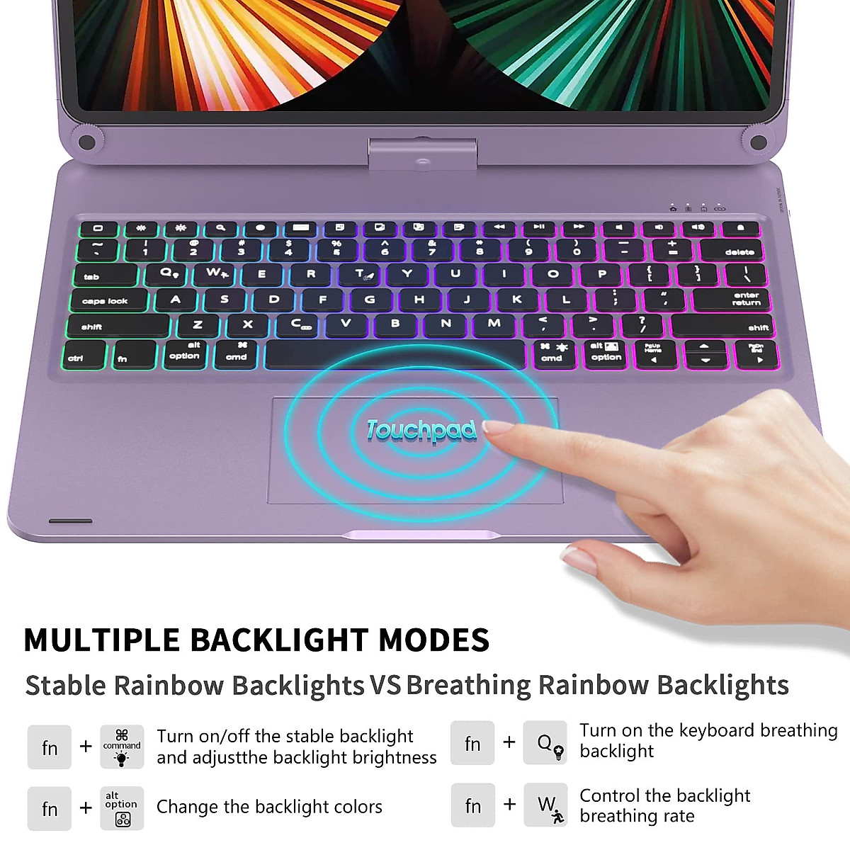 NOKBABO iPad Pro 12.9 inch Case with Keyboard, Rainbow Backlits, Pencil Holder, 360° Rotatable, Keyboard for iPad Pro 12.9 inch 6th/5th/4th/3rd Generation - Dark Purple