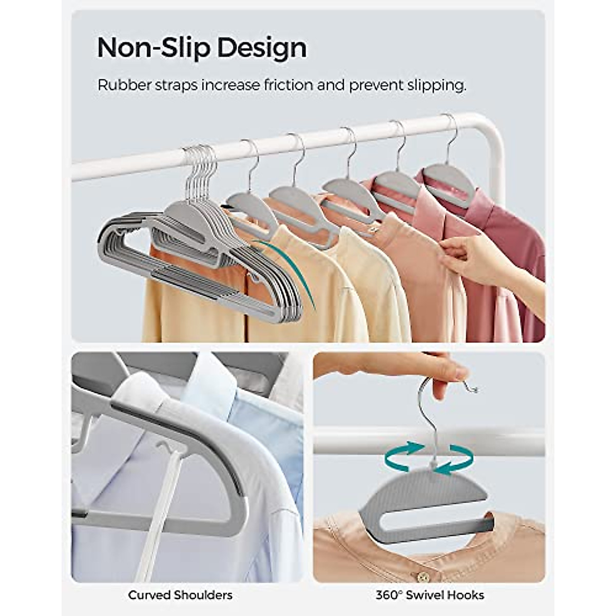 SONGMICS 50 Pack Coat Hangers, Premium Quality Plastic Suit Hangers, Heavy-Duty, S-Shaped Opening, Non-Slip, Space-Saving, 360º Swivel Hook, 16.3 Inches Long, Light Gray and Dark Gray UCRP41G-50