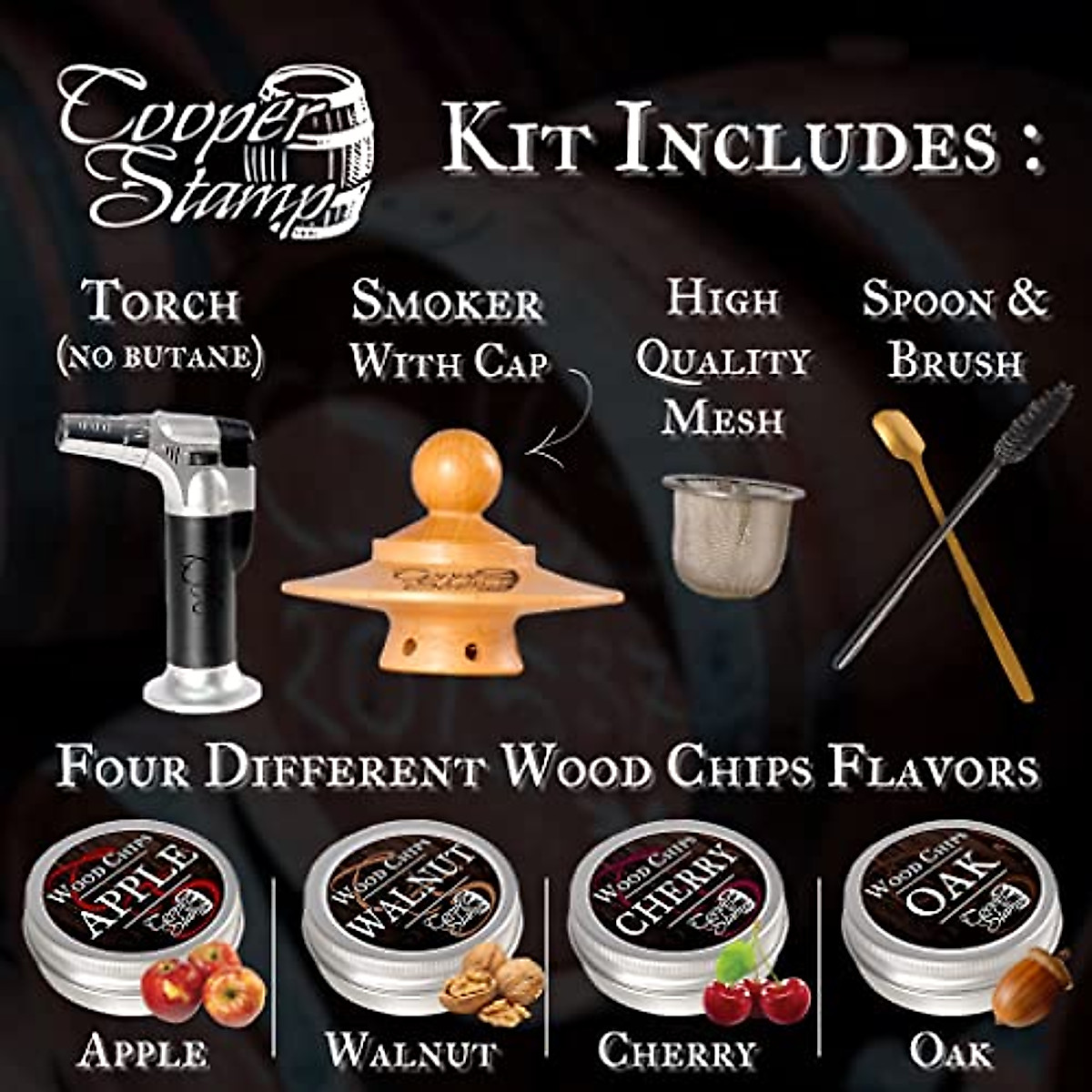 COOPER STAMP Cocktail Smoker Kit - Old-Fashioned Drink Smoker with Torch - 4 Kinds of Wood Chips - Gift for Whiskey/Bourbon Lover, Men, Father, Husband - Butane not Included