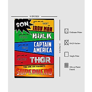 Son, You Are My Favorite Superhero - Artistic Typography Poster, Motivational Inspirational Quote Wall Art Print Great Decor for Kids Childs Bedroom Nursery Decor 16x24 Inch (Unframed)