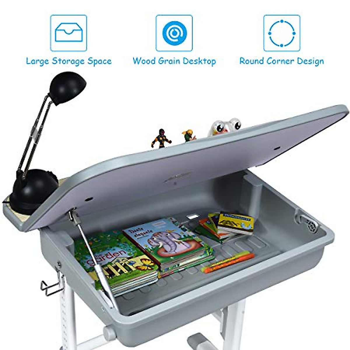 BABY JOY Kids Desk and Chair Set, Height Adjustable, Children's Study Table with Large Storage Space, Ergonomic Winged Backrest Chair, Student School Desk Set Great Gift for Ages 3 to 14 (Gray)