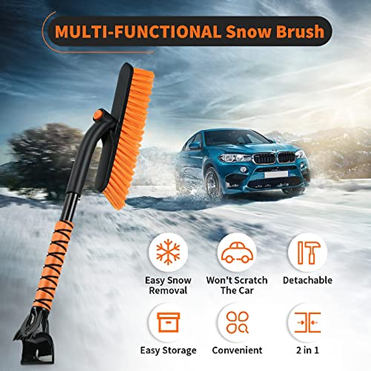 OHMOTOR Ice Scrapers for Car Windshield 26 Inch Snow Brush for Car with 360° Rotating Brush & Foam Grip, Snow Removal Tool for Car Truck SUV Ice Scraper