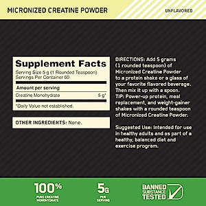 Optimum Nutrition Micronized Creatine Monohydrate Powder, Unflavored, Keto Friendly, 60 Servings (Packaging May Vary)
