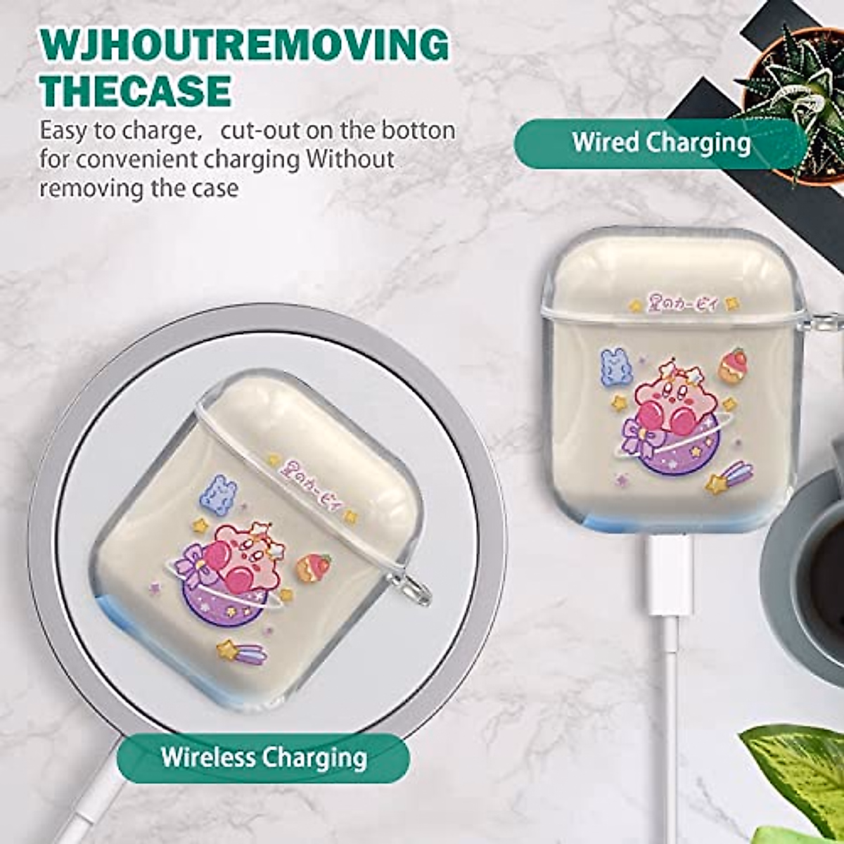 Cute AirPods Case with Kawaii Kabi Keychain for AirPods 2/1 Case,Funny Cartoon Anime AirPod Cover,Clear Kawaii Shockproof Protective Skin Soft Silicone Case for Women Girls Boys Kids