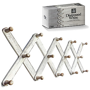 Mercurial Trade Expandable Wooden Coat Rack Hanger – Accordion Wall Mounted Pine Wood Hooks – Hand Made Vintage Expending Pegs – Hang Coat, Jacket, Hat, Leash, Towel, Mug, Bag – Distressed White