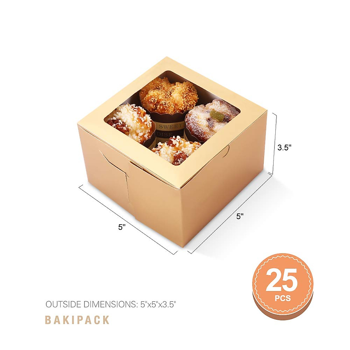 BAKIPACK 25 Gold Bakery Boxes with Window 5x5x3.5 Inches, Dessert Boxes to Go with Window, Treat Boxes for Small Bakery, Dessert, Candy, Cookies, Pastry, Party Favors, Wedding Cake