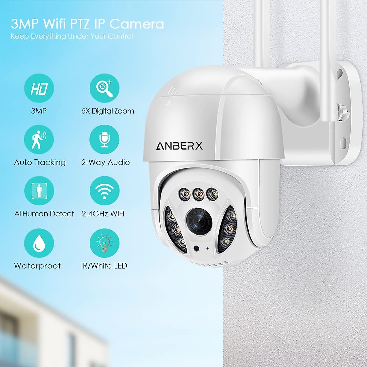 ANBERX Security Camera Outdoor, WiFi Wireless Surveillance Cameras 2K 3MP HD & Pan/Tilt/Zoom Cam with Night Vision,2-Way Audio,Motion Detection,Weatherproof 2.4Ghz Camera for Home/Office/Garden