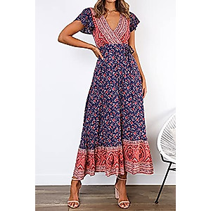 R.Vivimos Women's Summer Short Sleeve Floral Print Bohemian Beach Waist Tie Wrap Long Flowy Dress with Slit (XL, Dark Blue#2)