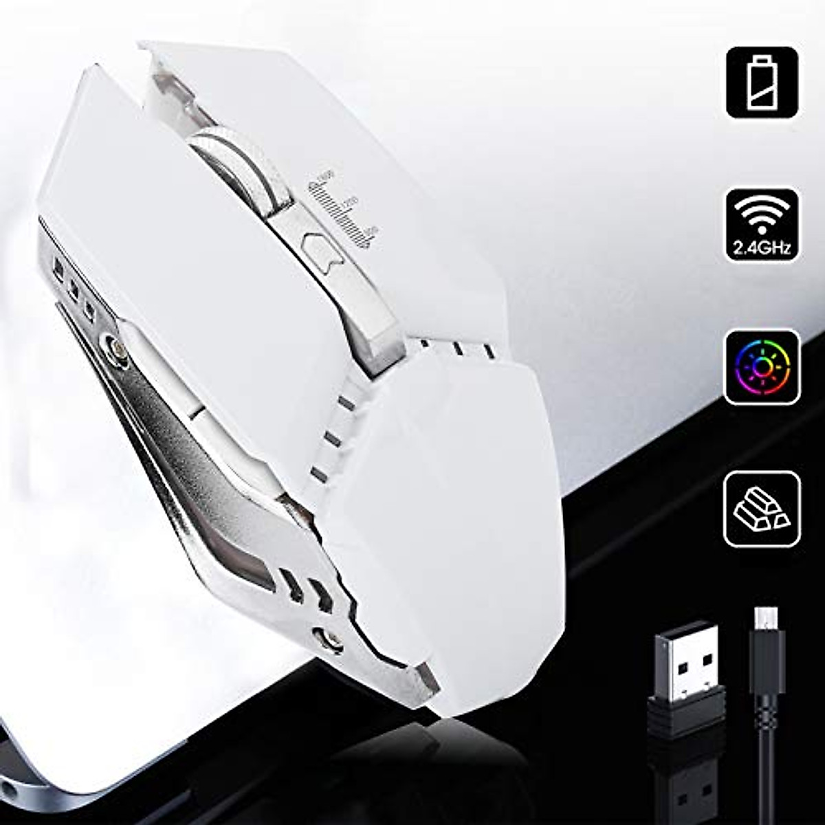 Kafuty-1 Wireless Gaming Mouse,Rechargeable USB Optical Mouse with 6 Buttons,7-Color LED Ergonomic Computer Gaming Mice,Adjustable DPI for Game Players(#3)