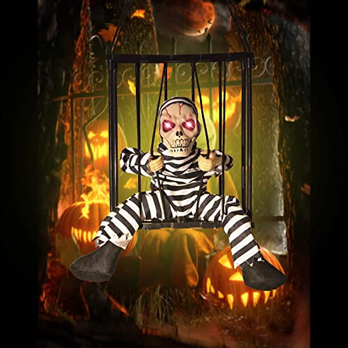 BINDUO Scary Halloween Decoration Outdoor Skull Decor with Motion Sensor Hanging Skulls Prisoner Cage Light Up Eyes Talking Spooky Spirit Halloween Animatronic Home Decor