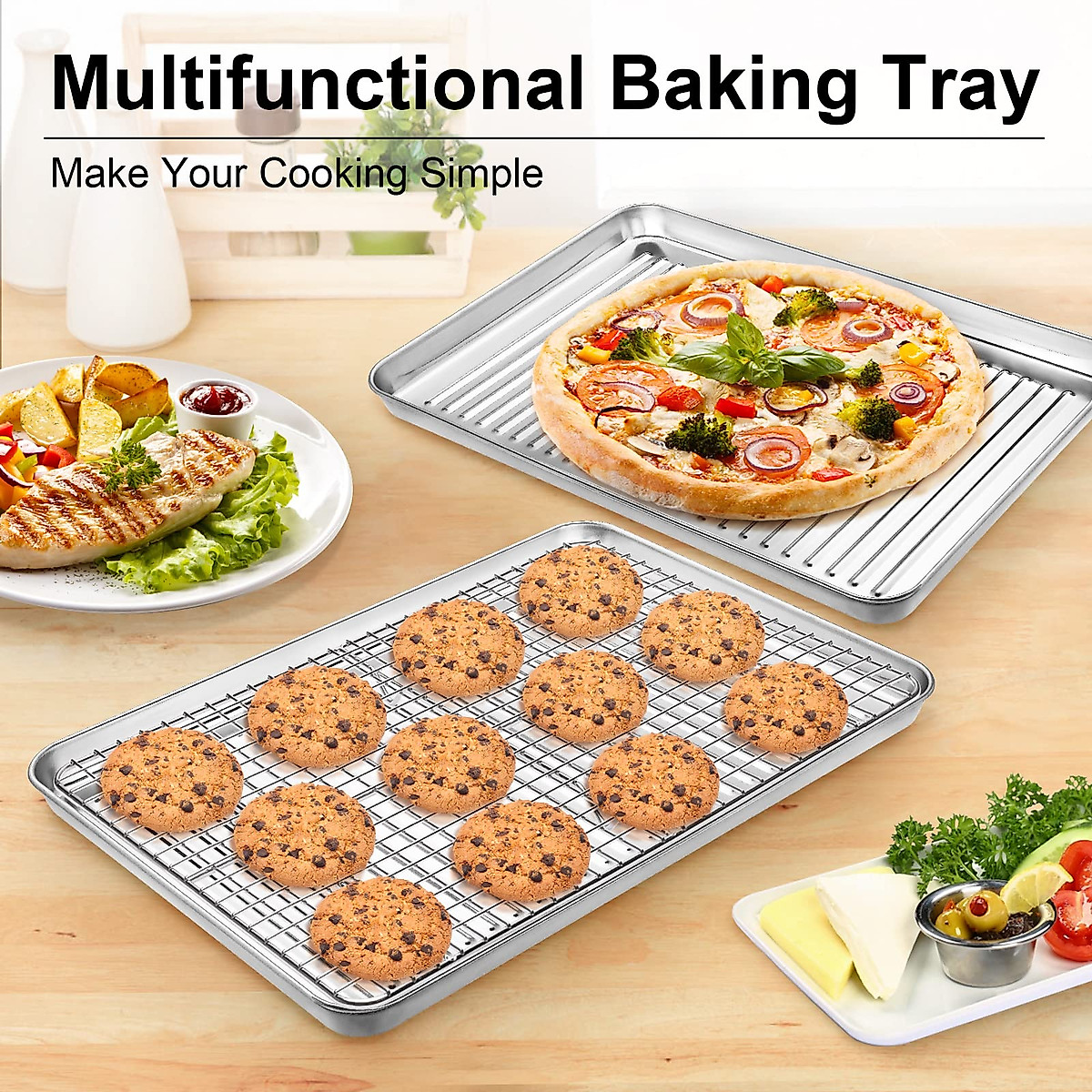 Baking Half Sheet with Rack Set (2 Pans + 2 Racks), Size 16 x 12 x 1 Inches, AIKWI Stainless Steel Cookie Pan with Cooling Rack for Oven, Nonstick Bakeware, Easy Clean & Heavy Duty