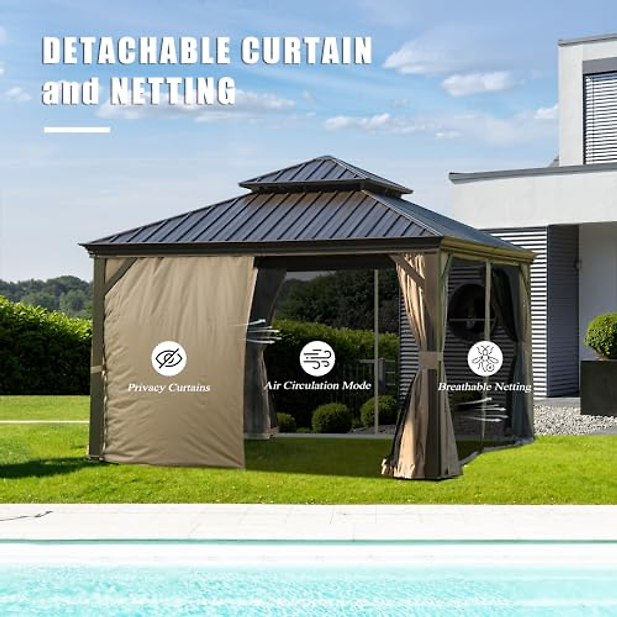 Domi Outdoor Living 12’ X 12’ Hardtop Gazebo, Outdoor Aluminum Frame Canopy with Galvanized Steel Double Roof, Outdoor Permanent Metal Pavilion with Curtains and Netting for Patio, Backyard and Lawn