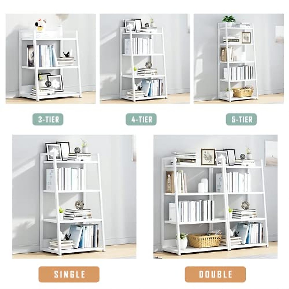 IOTXY 4 Tier Open Bookshelf - Steel and Wood Display Stand, 50CM Width Floor-Standing Bookcase, White
