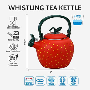 UPware Enamel on Steel Whistling Tea Kettle, Stovetop Teakettle (2.3 Quart, Strawberry)