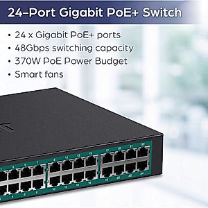 TRENDnet 24-Port Gigabit PoE+ Switch, 24 x Gigabit PoE+ Ports, 370W Power Budget, 48Gbps Switch Capacity, RackMount Kit Included, Ethernet Network Switch, Metal, Lifetime Protection, Black, TPE-TG240G