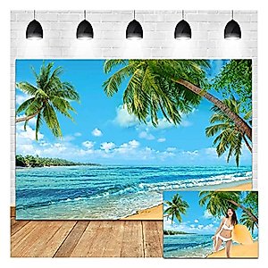 Summer Tropical Hawaii Palm Tree Or Beach Photography Backdrops 7X5FT Blue Sea Sky Sunshine Luau Party Photo Background Wedding Bride Shower Baby Birthday Party Banner Supplies Props Vinyl