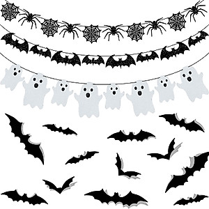 39 Pieces Halloween Decorations Black Glittery Bat Banner Spider Ghost Garland 3D Bat Wall Stickers Hanging Bat Banner for Halloween Party Haunted House Decoration Indoor Outdoor Mantel Supplies